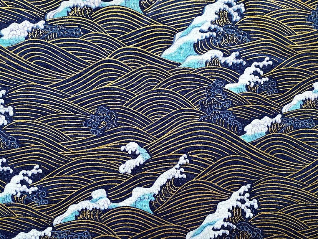 Japanese Fabric Nami Wave Indigo Blue Gold Wave Kanagawa - Etsy