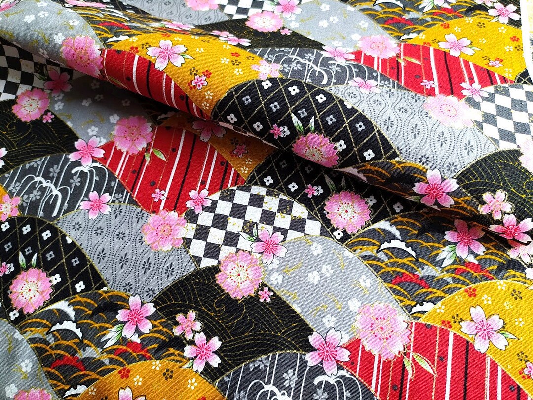 Japanese Fabric, Gold, Black, Sakura, Wave, Cherry Blossoms ...