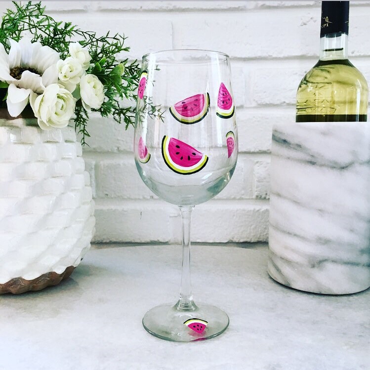 Whimsical Watermelon Wine Glass / Hand Painted Stemmed Glass ...