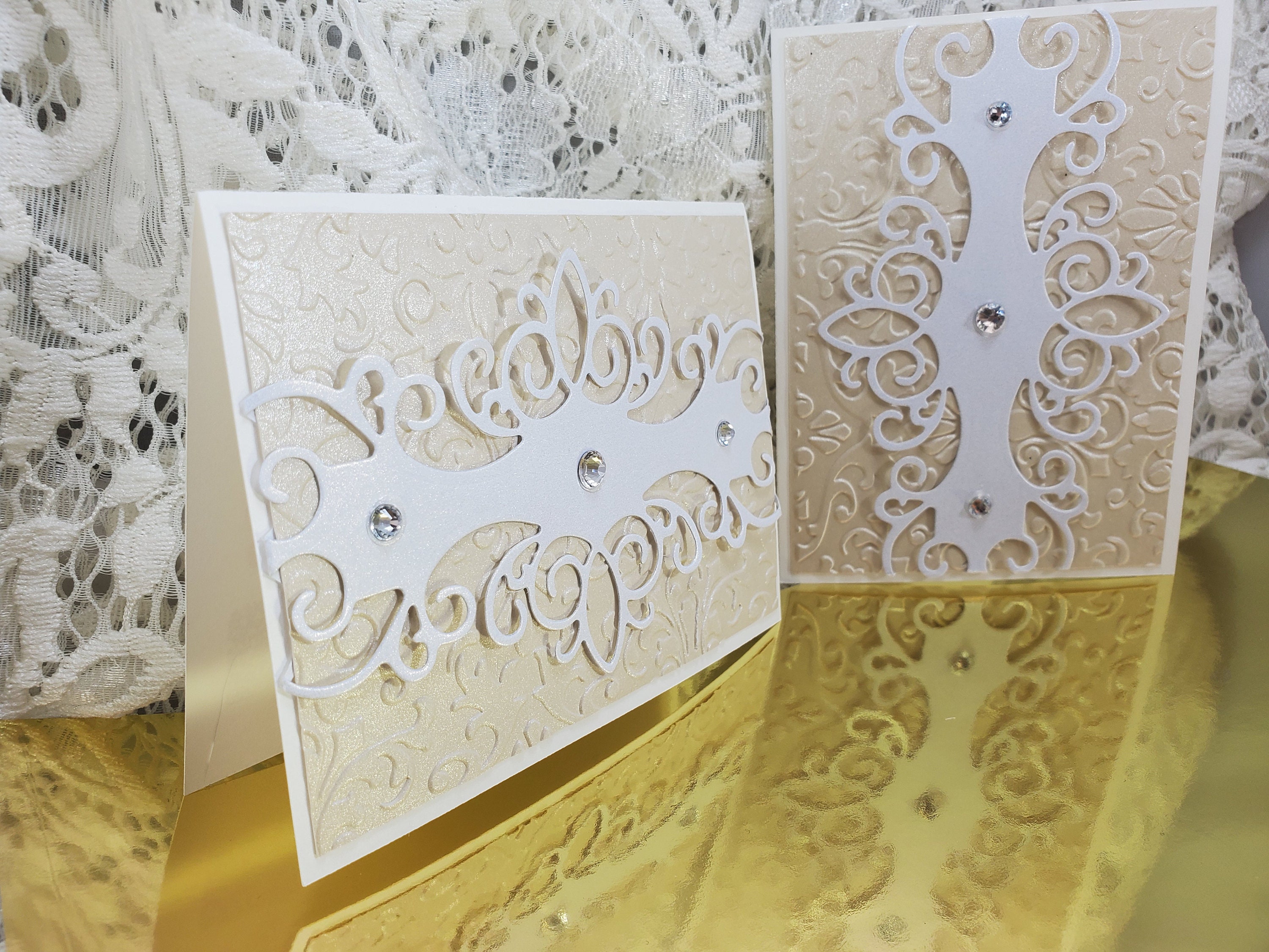 Embossed Champagne Shimmer Cards: Swirl Cutout Rhinestone Design - Etsy