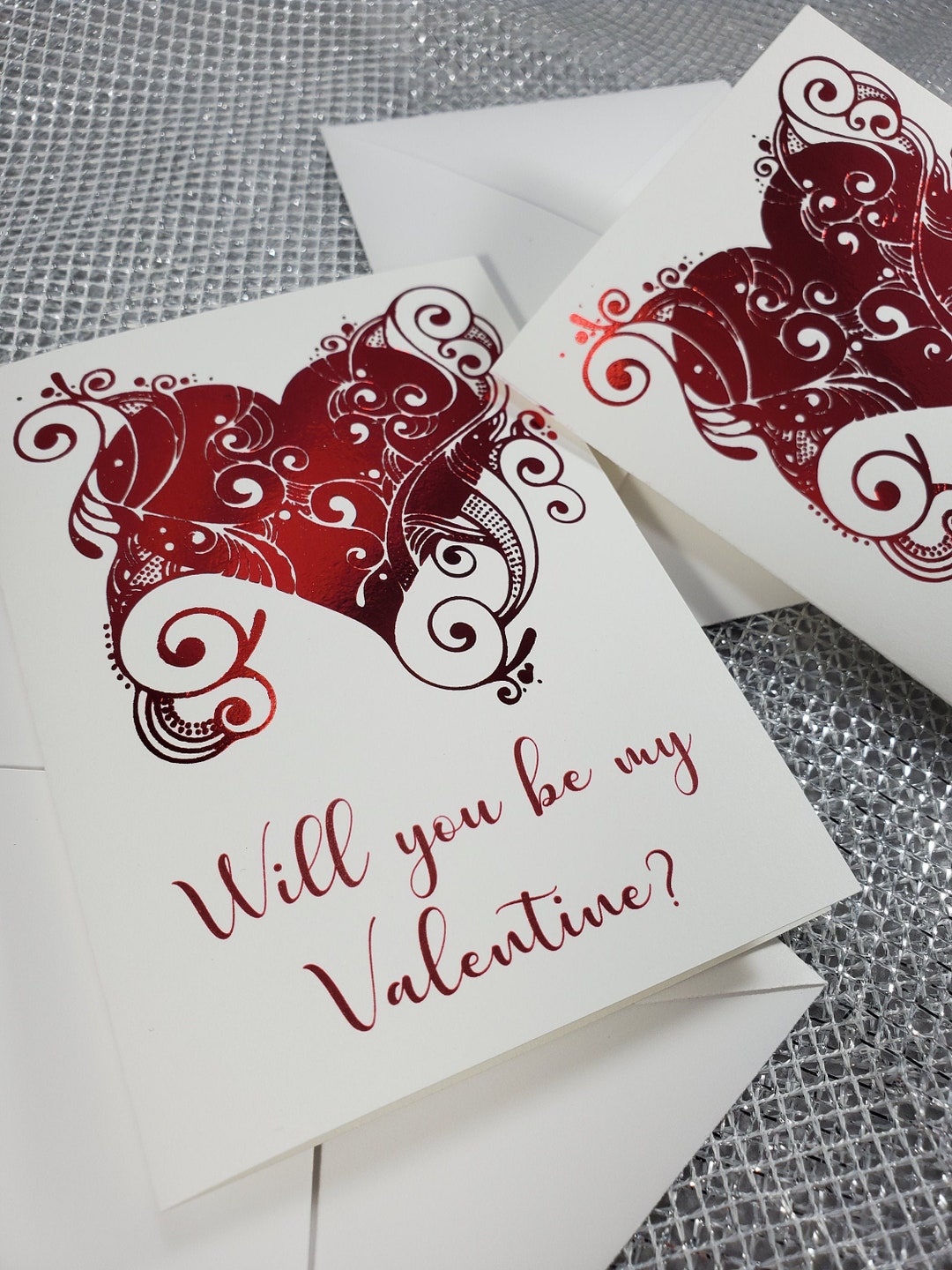 Red Foil Ornate Heart Valentine Note Cards With Envelopes - Etsy
