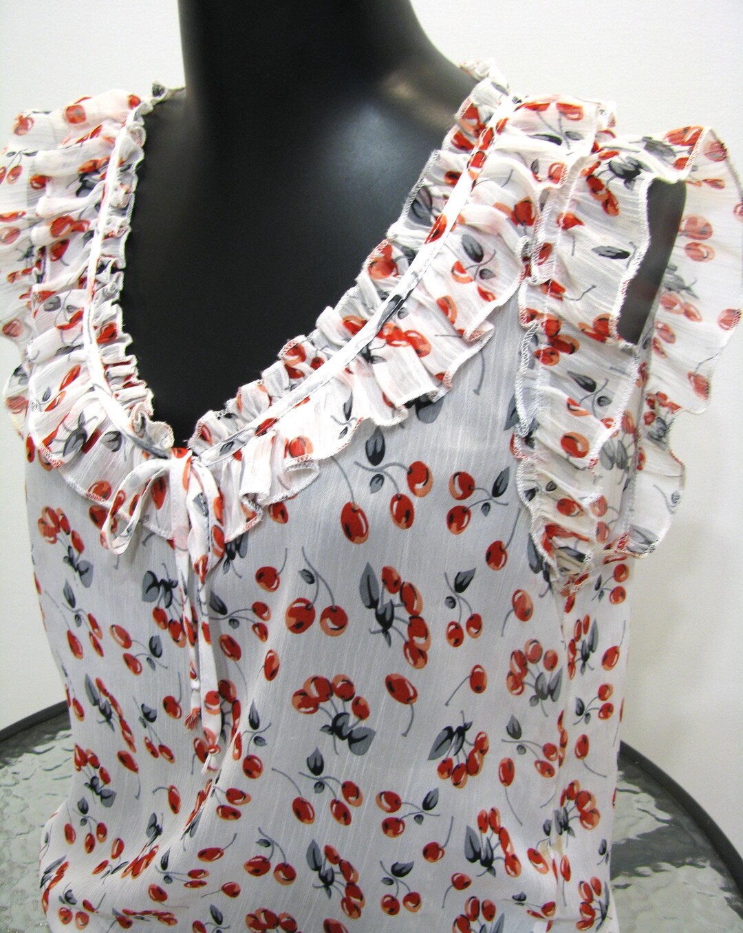 Vintage Cherry Print Blouse: Sheer Ruffle Trim, Bohemian Style - Etsy