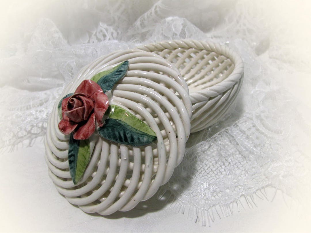 Woven Porcelain Trinket Box/ Capodimonte Style Trinket Box With Flower ...