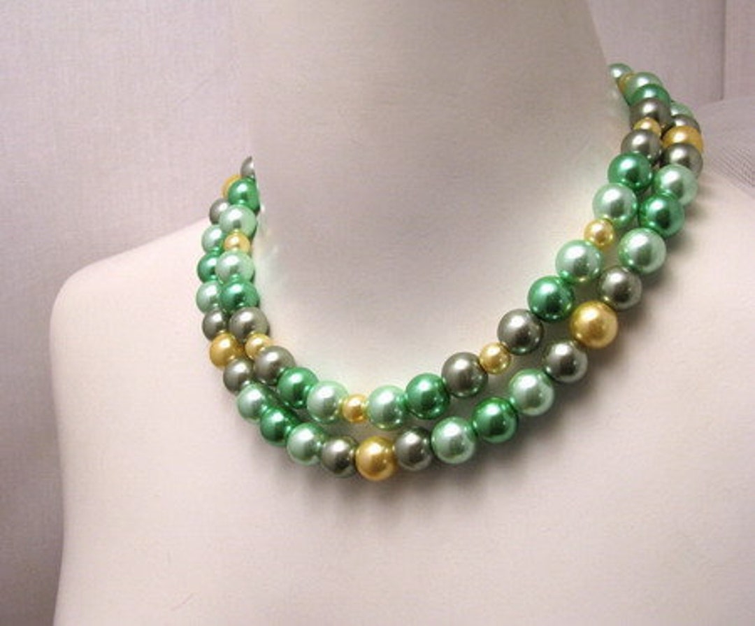 Vintage Glass Pearls Layered Necklace/green Color Glass Beads Necklace ...