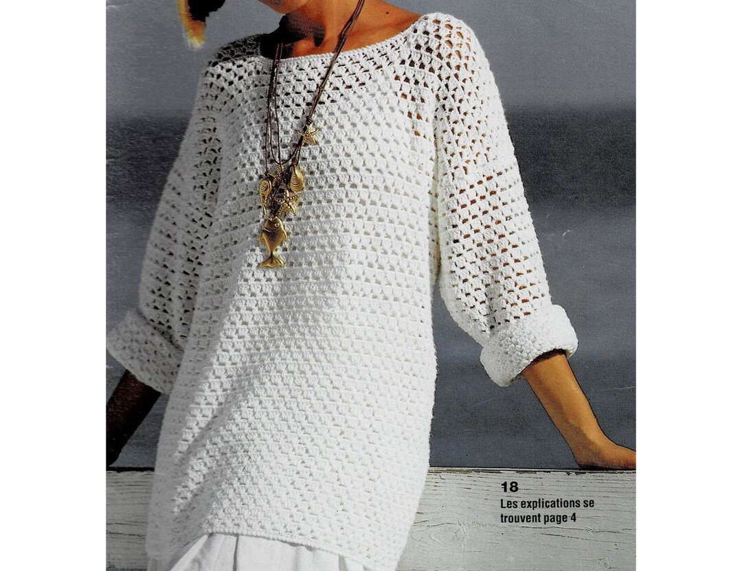 Modèle Maxi-pull Coton Blanc, Seulement 3 Points Au Crochet, Taille 38/ ...
