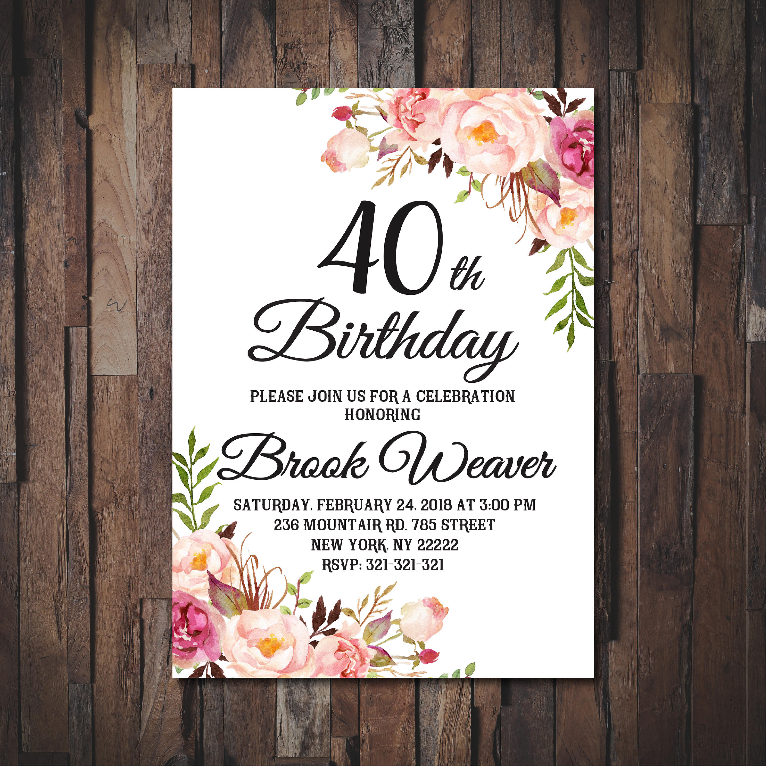 Female 40th Birthday Invitation Templates Printable Word Searches