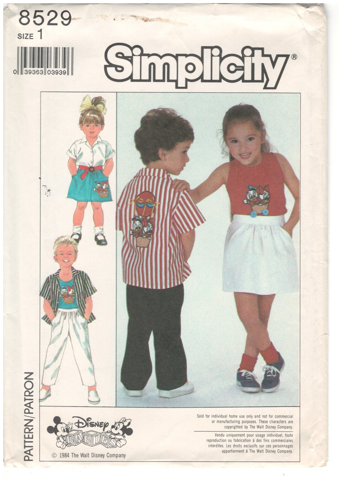 Vintage Simplicity 8529 Sewing Pattern Disney Babies Toddler Size 1 ...