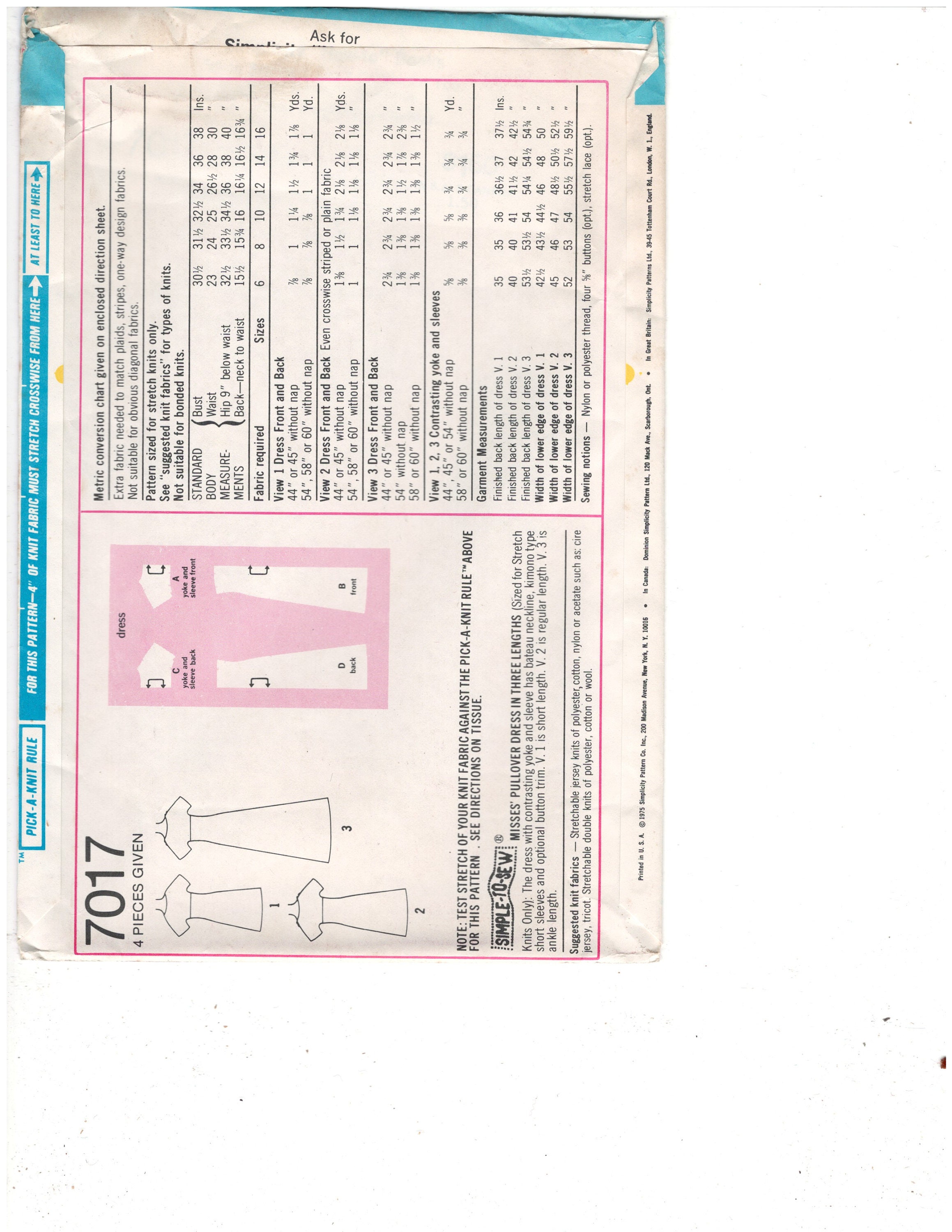 Vintage Simplicity 7017 Sewing Pattern Misses Size 14 Short Sleeve ...