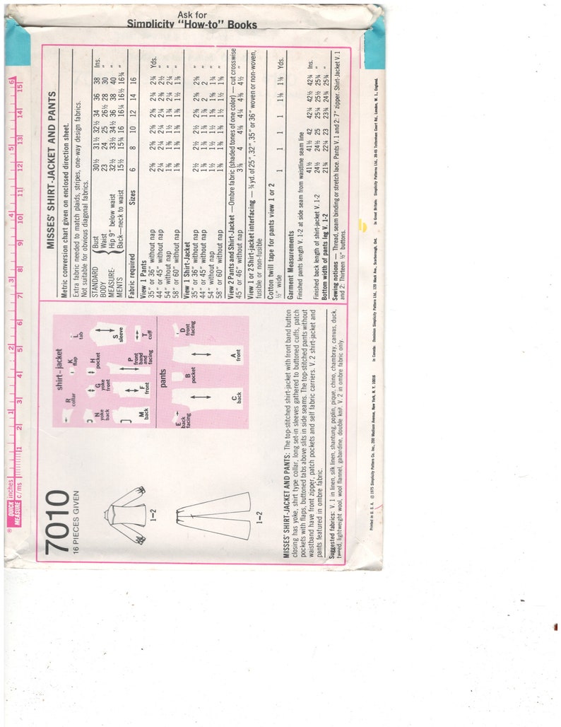 Vintage Simplicity 7010 Sewing Pattern Misses Size 10 Long Sleeve Shirt ...