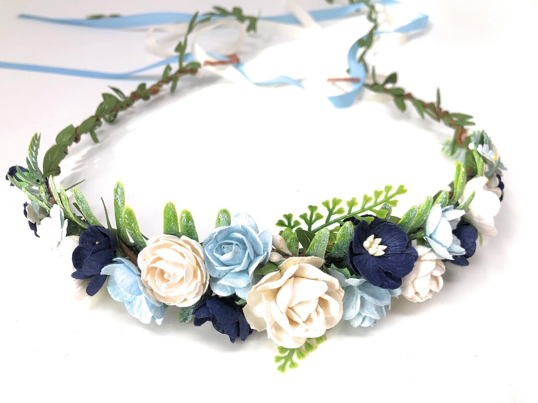 Blue Floral Wedding Crown: Boho Flower Girl Headband - Etsy