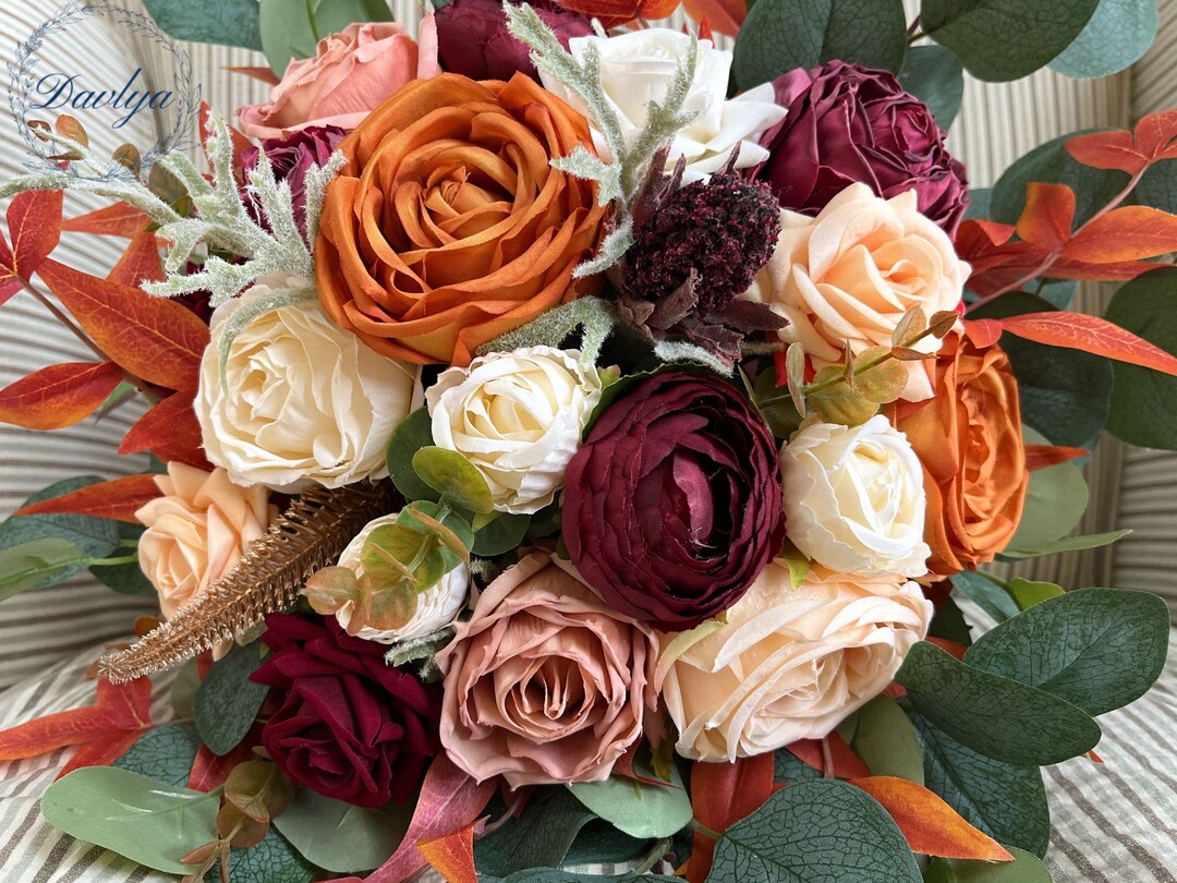 Rust Orange Flower Bouquet, Fall Artificial Bridal Bouquet, Bridesmaid ...