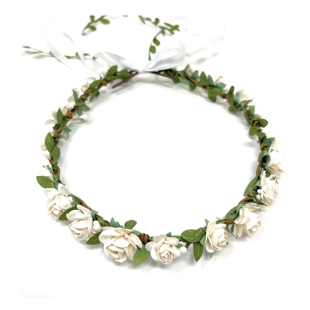 First Holy Communion Flower Crown: White Floral Headband With Satin ...