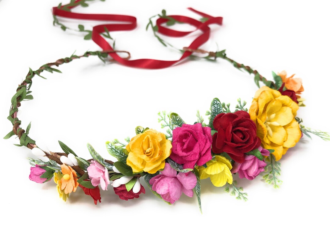 Colorful Flower Crown: Boho Bridal Headpiece With Ribbons - Etsy