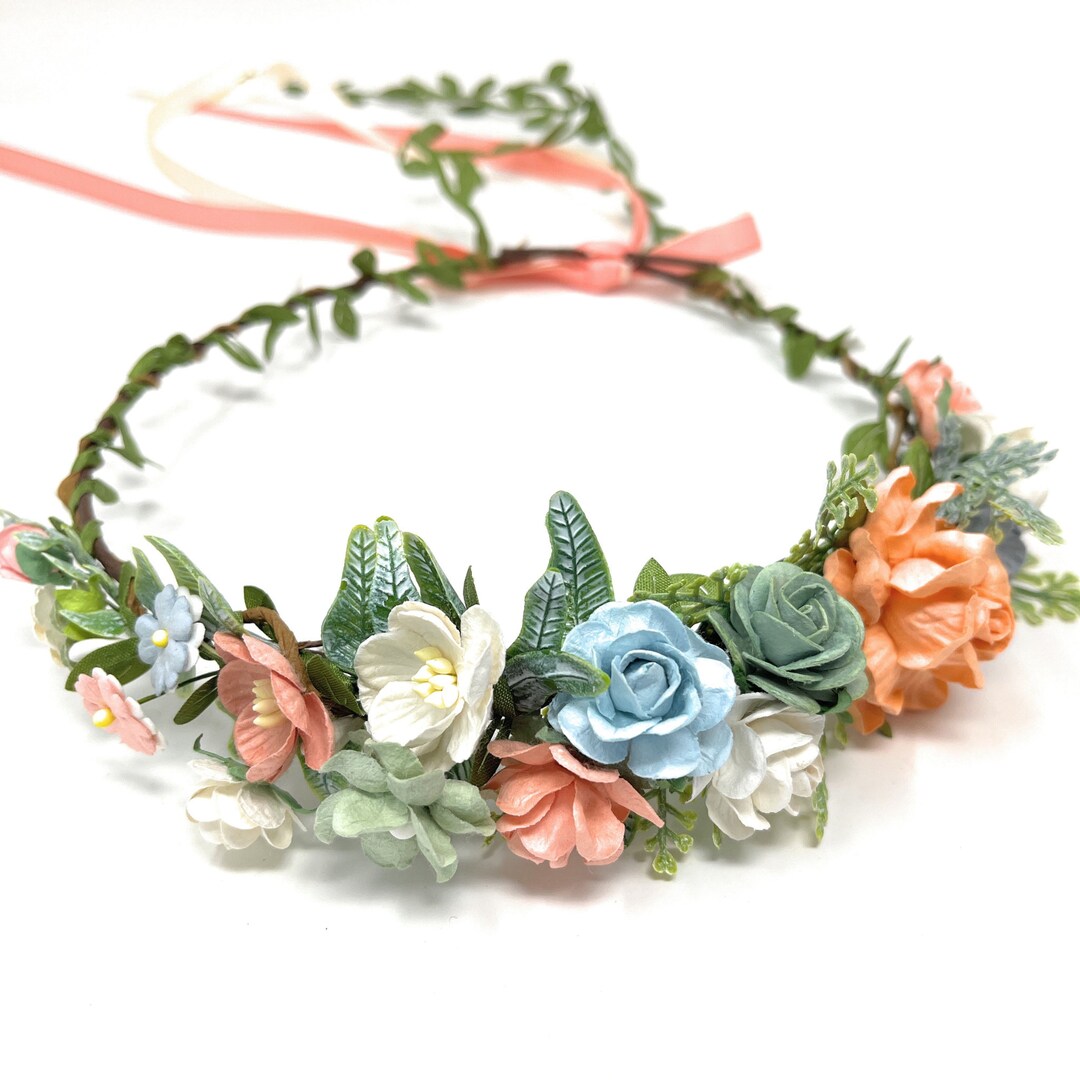Peach Flower Headband Floral Crown Wedding Flower Girl Headpiece Sage ...