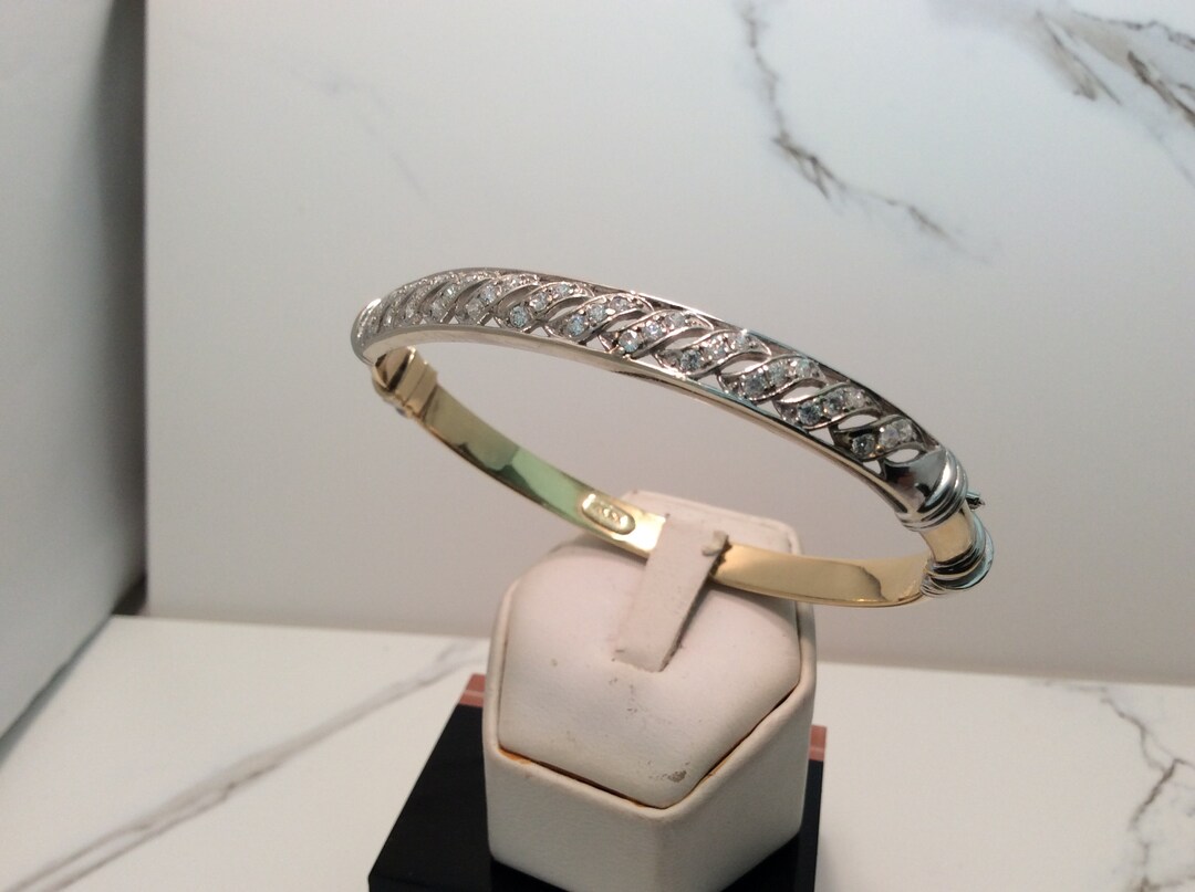 10K YELLOW Real Solid GOLD 2 Tone BANGLE Cz Zirconi Bracelet 12.30gr 7 ...