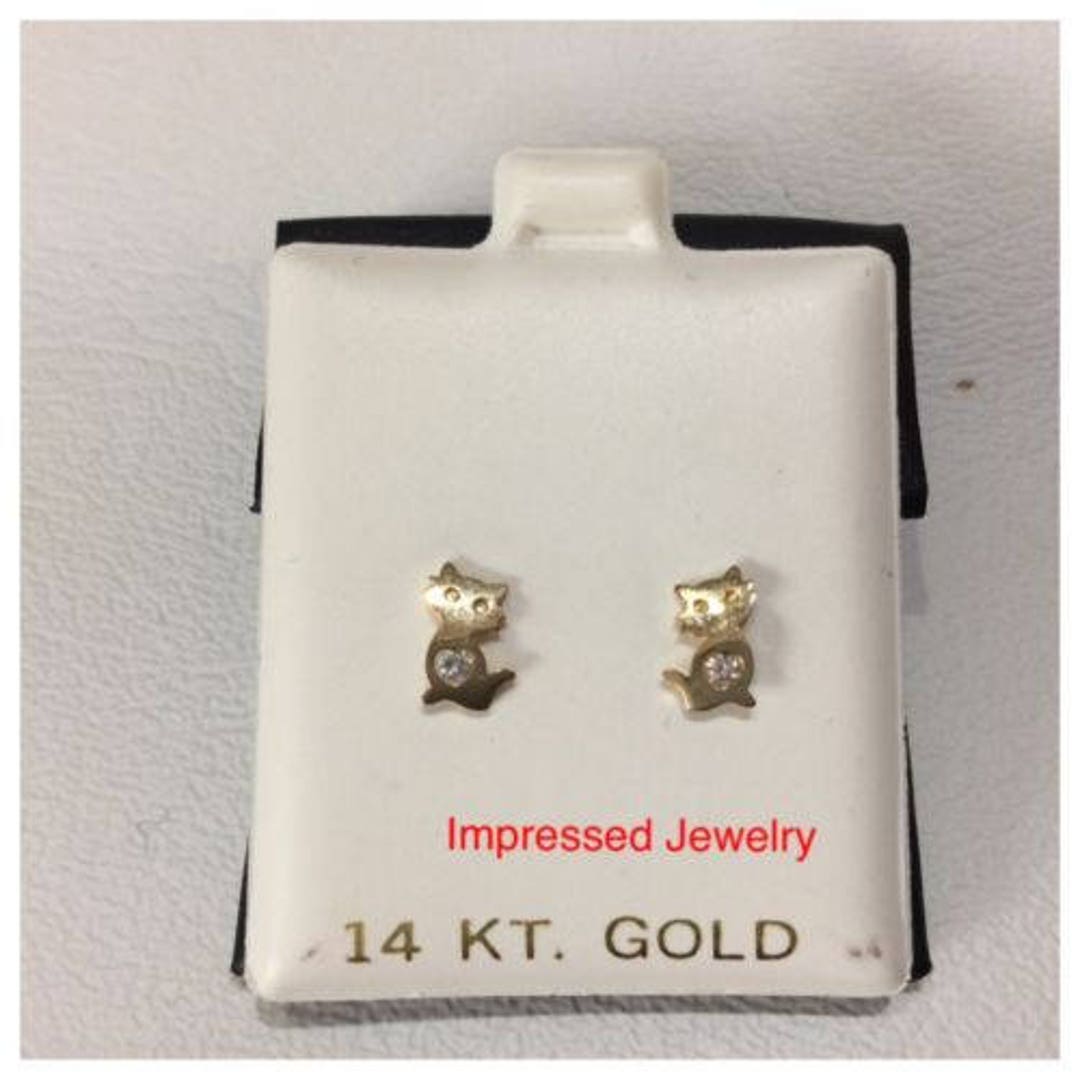 14K Yellow Real Gold Kitty Kitten Cat Stud Heart CZ Screwback Earrings ...