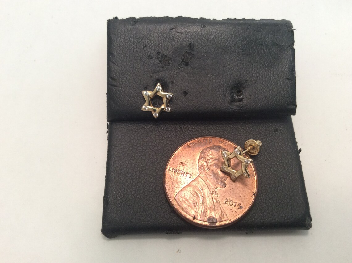 14k Real Yellow Gold Star of David CZ Stud Screw Back Earrings - Etsy