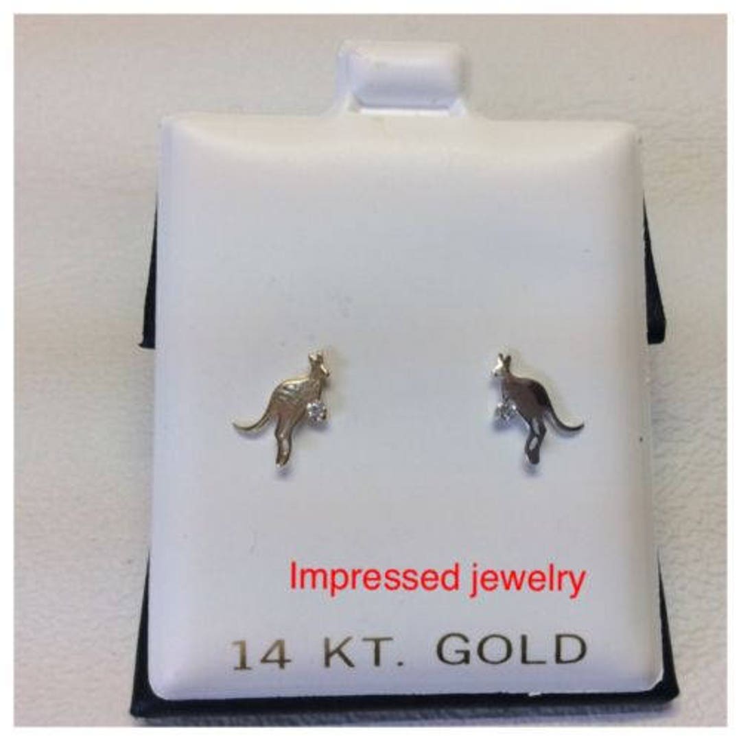 14k Yellow/white Real Gold Kangaroo CZ Stone Stud Screwback Safe ...