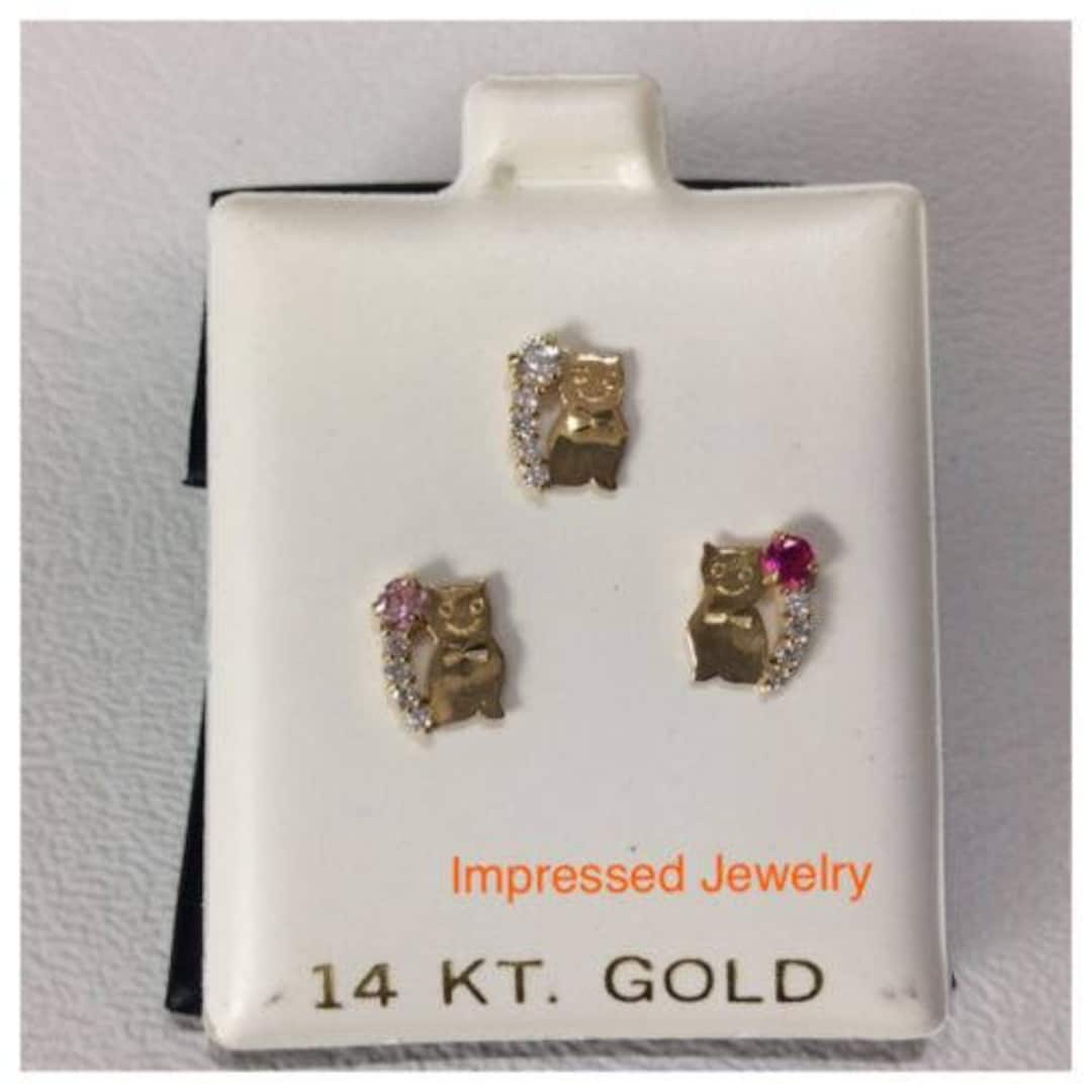 14K Yellow Real Gold Kitty Kitten Cat Stud Heart Color CZ Screwback ...