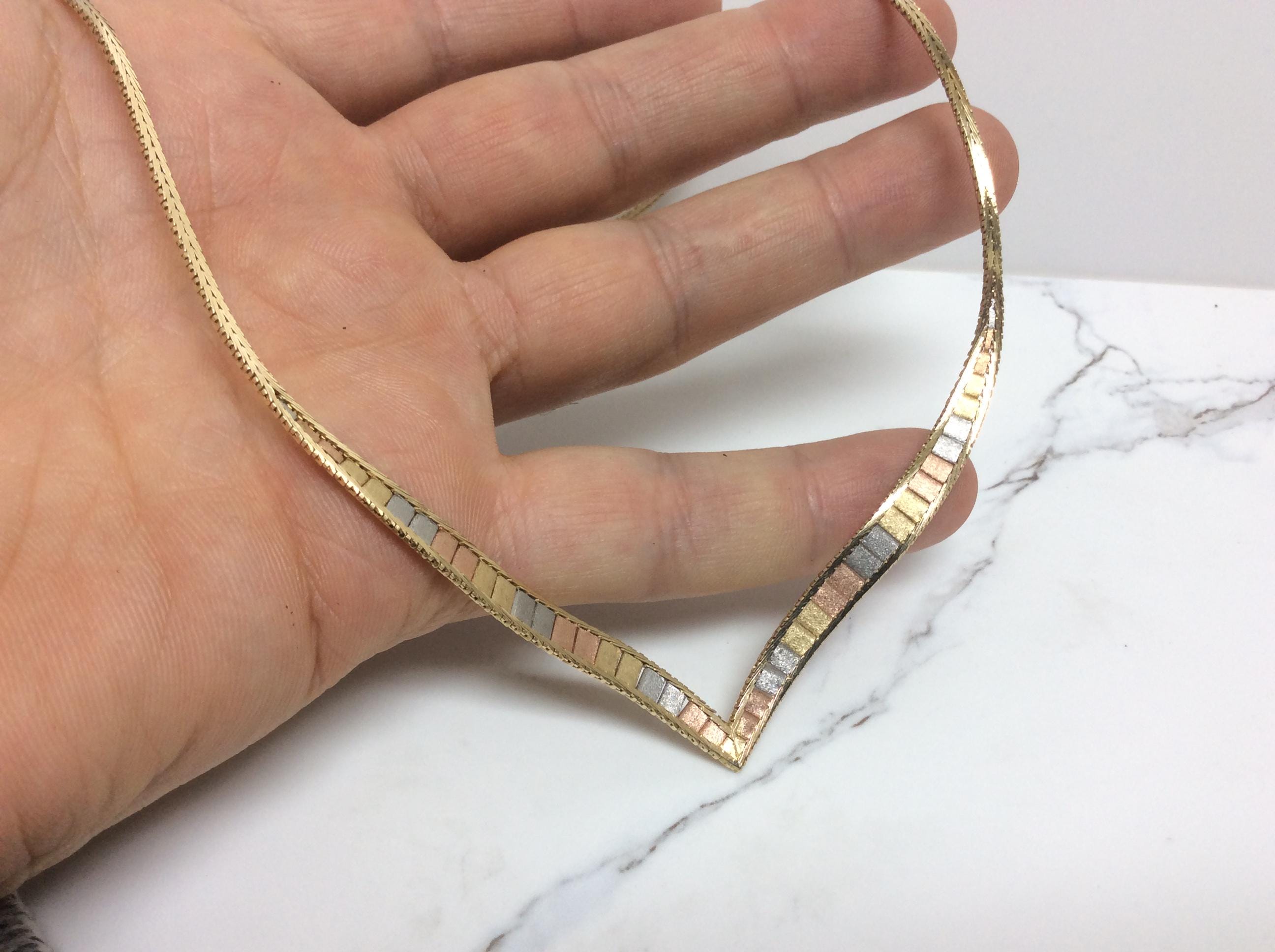 14k Yellow Tri-color REAL Solid Gold Lady Fancy V Shaped Necklace 16 ...