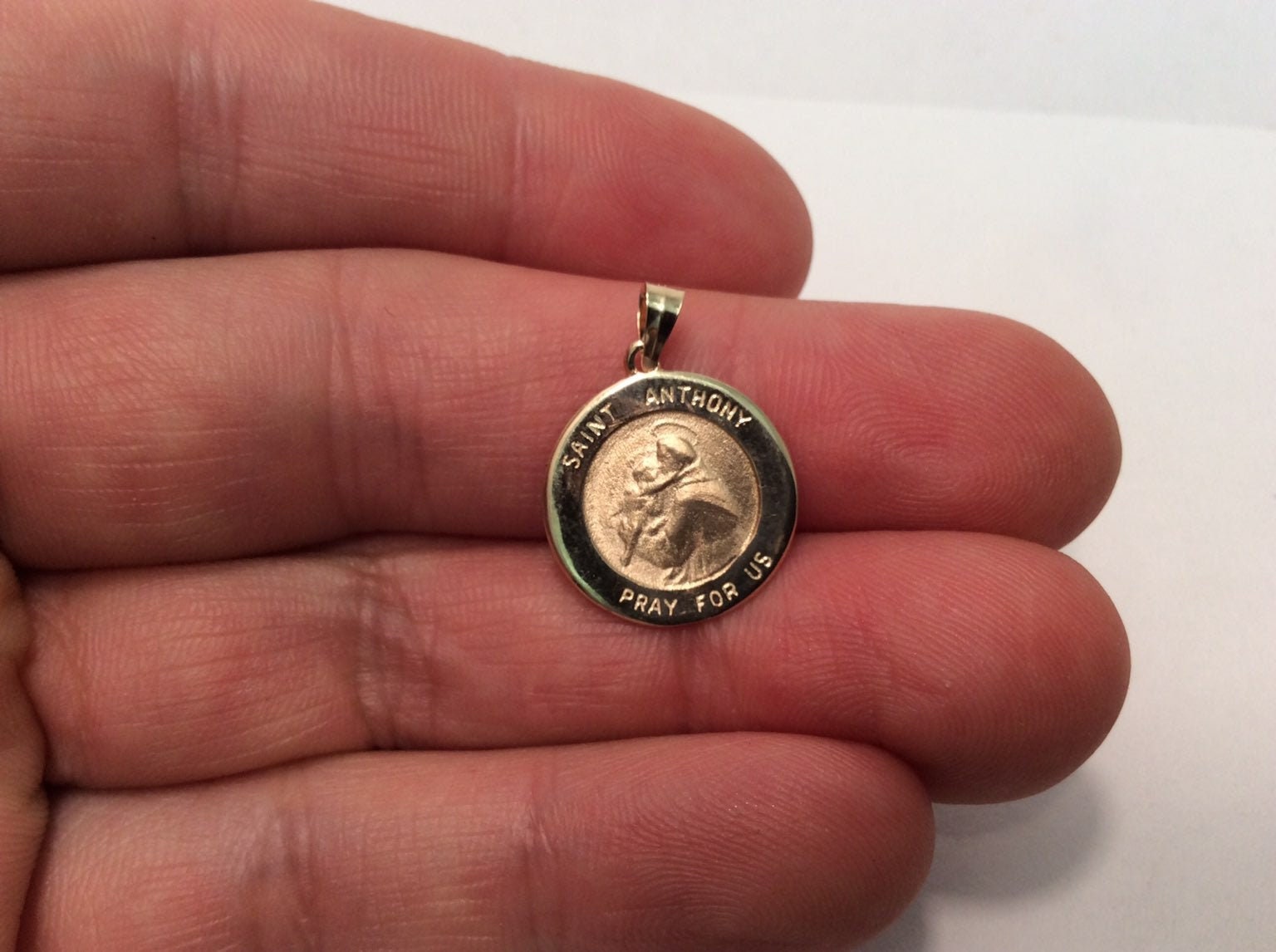 14K Yellow Real Solid Gold Medallion Pendant Saint ANTHONY Pray for Us ...
