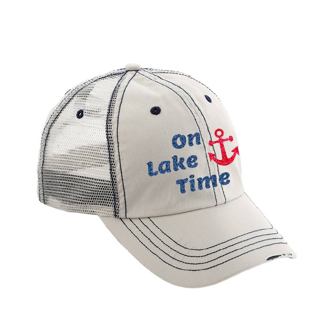 On Lake Time Distressed Ladies Baseball Hat Mesh Trucker Lake Hat ...