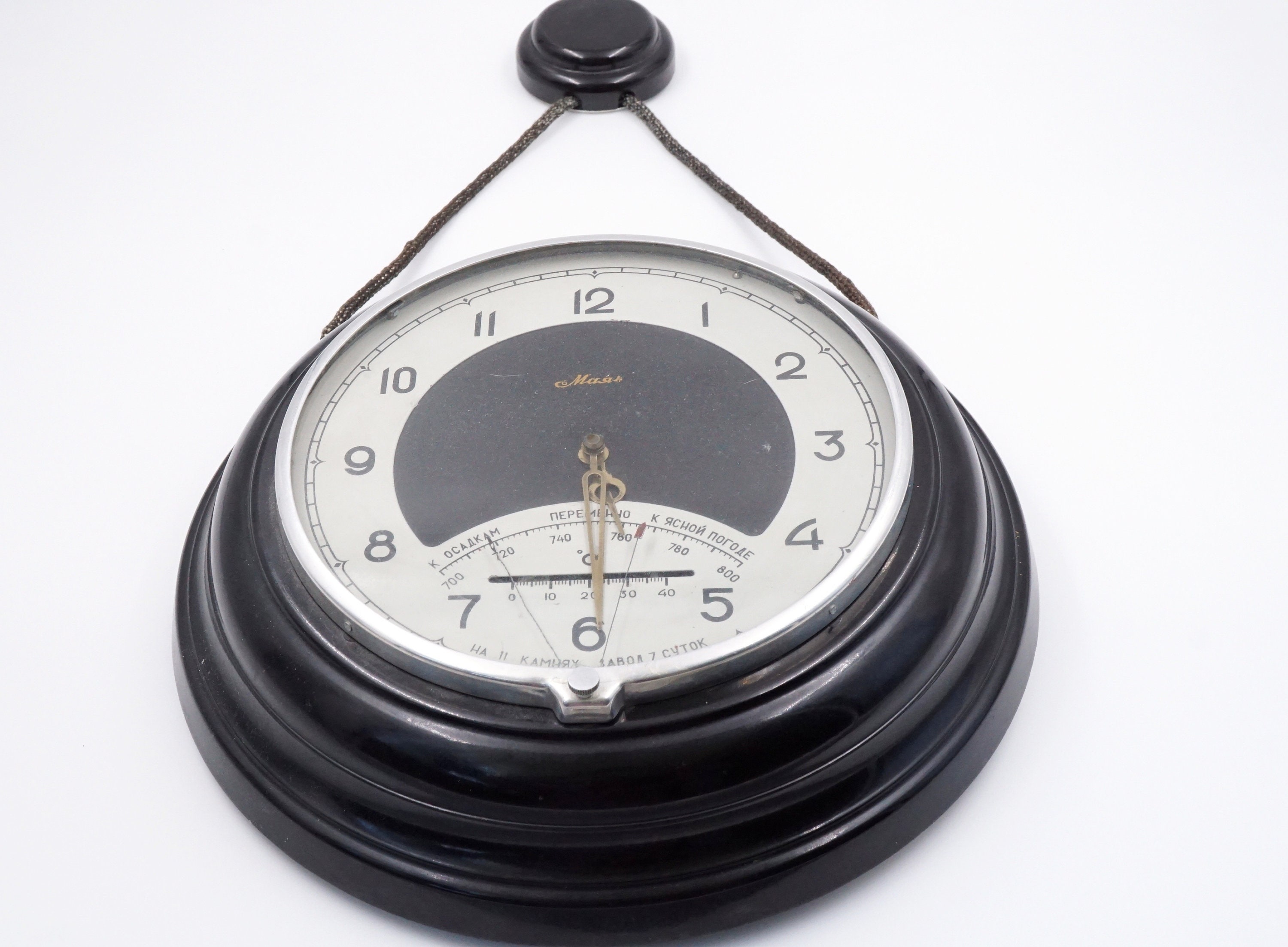 Vintage Bakelite Soviet Wall Clock Barometer MAYAK 11 Jewels Mechanical ...
