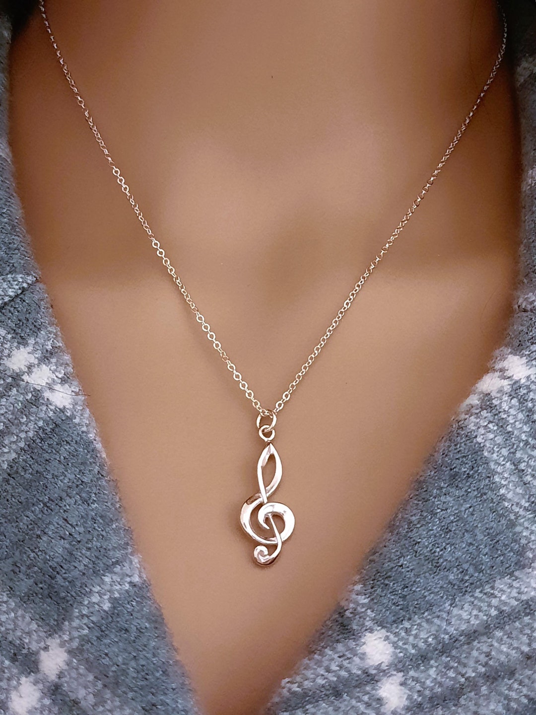 Treble Clef Charm Necklace in Sterling Silver Chain Large Music G-clef ...