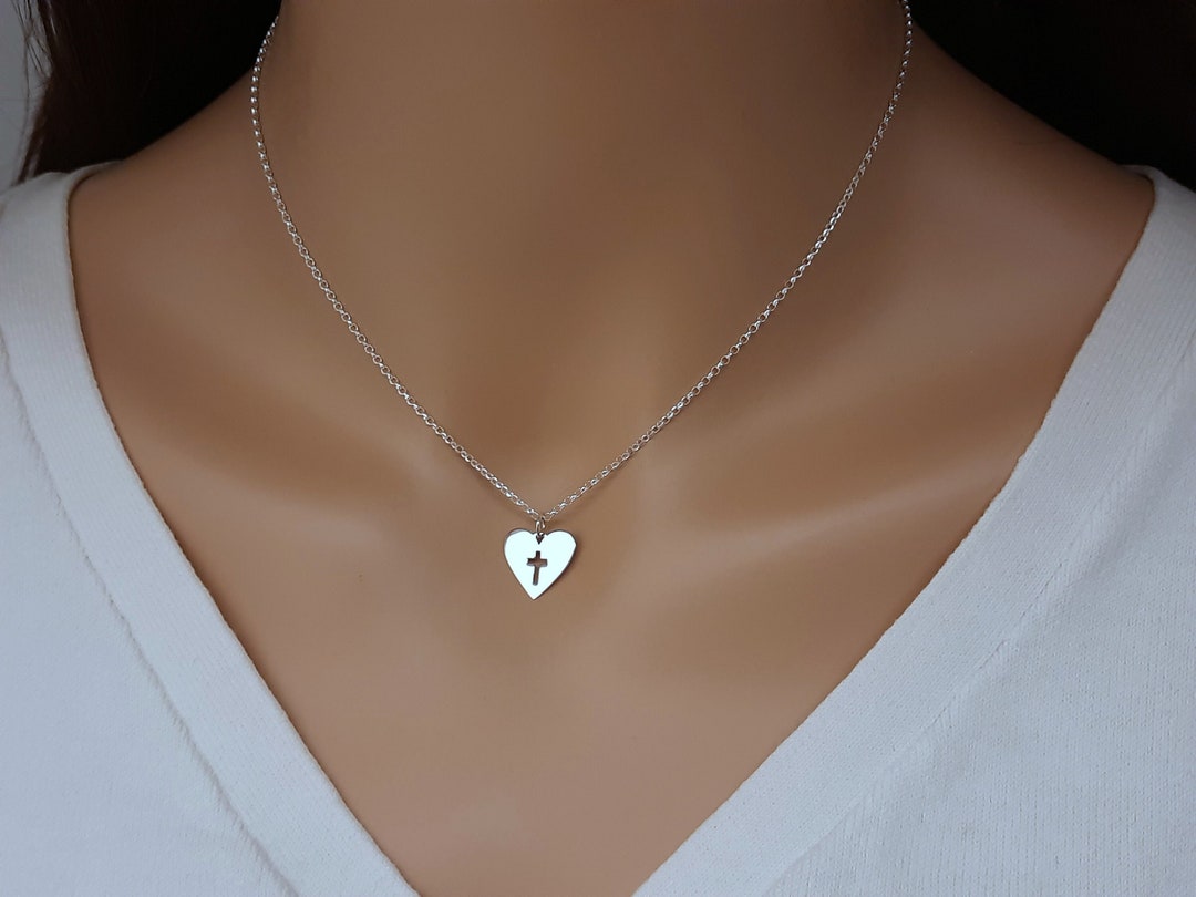 Heart Cross Necklace, Gift for Confirmation or Baptism, Sterling Silver ...