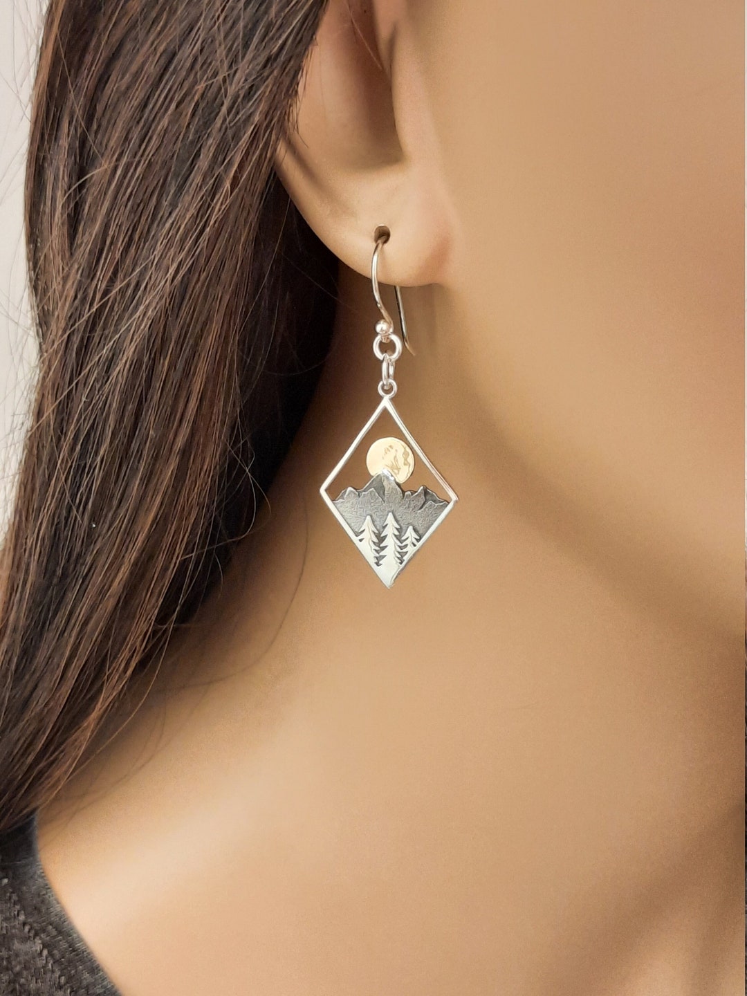 Sterling Silver Mountain Earrings Diamond Frame, Girl Hiker Gifts, Sun ...