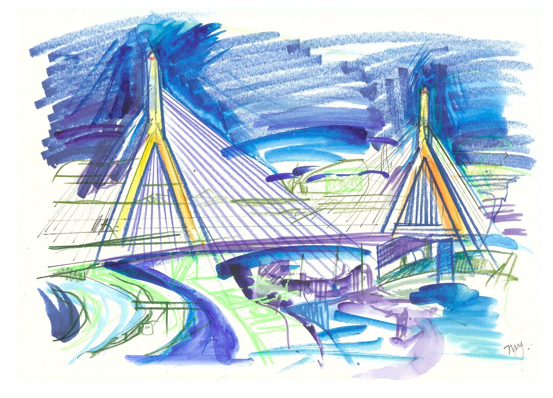 Original Drawing, Boston Sketch, Boston Art, Boston Bridge Drawing ...