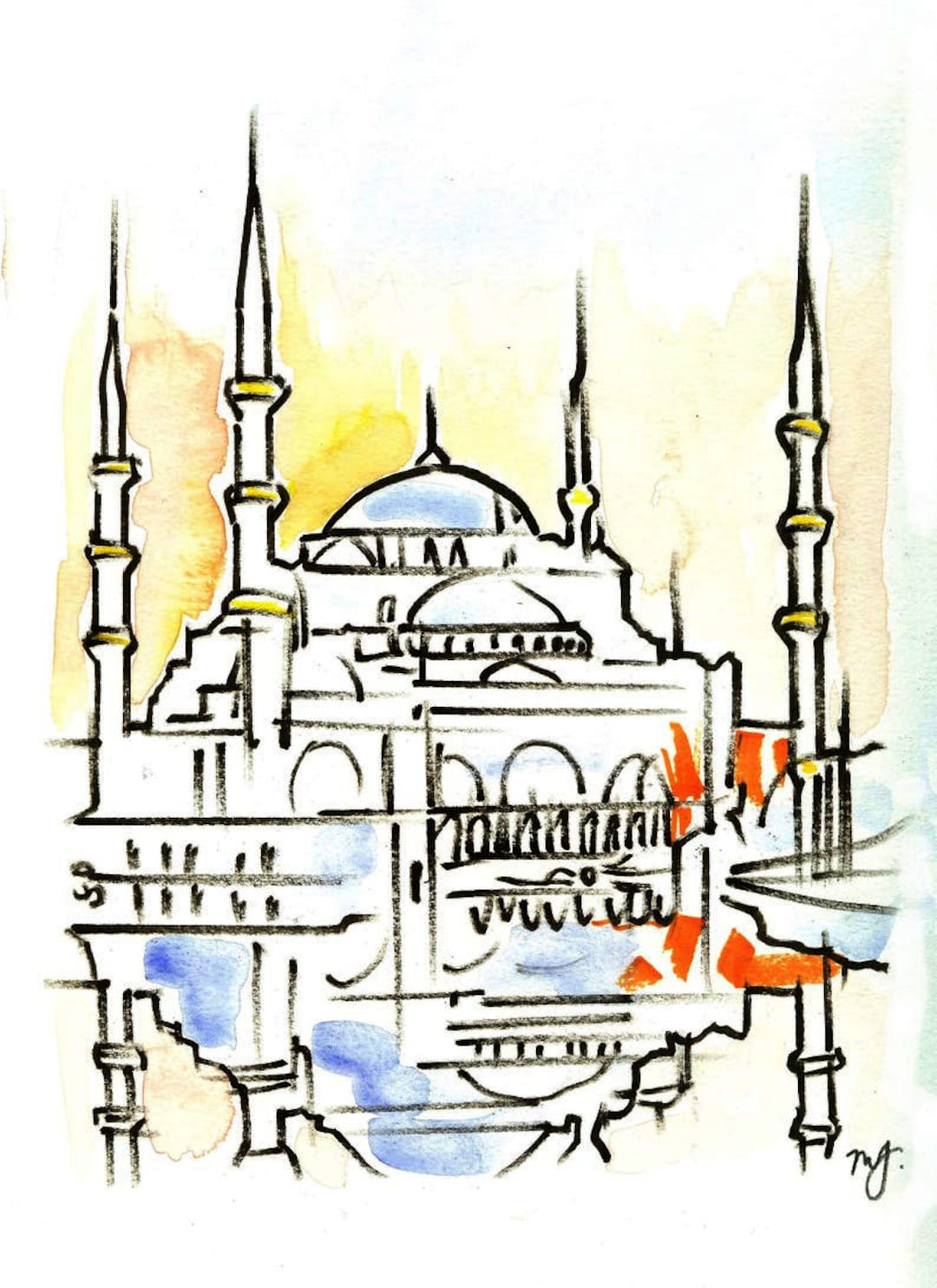 Original Sketch Print | Original Watercolor Painting | Blue Mosque ...