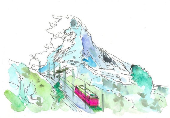 Watercolor Original Drawing Original painting of mountains, watercolor ...