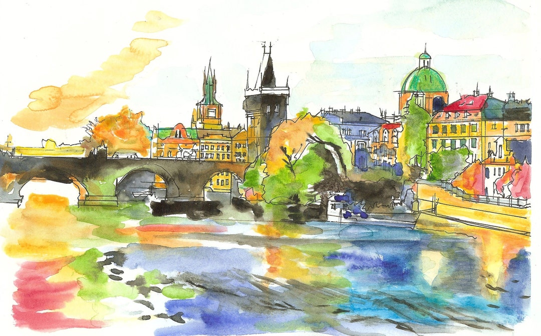 Original Prague Cityscape Watercolor Painting, Charles Bridge Wall Art ...