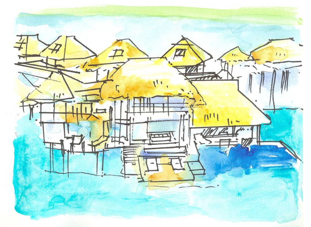 Original Watercolor Drawing of Bora Bora | Hilton Hotels | Bora Bora ...