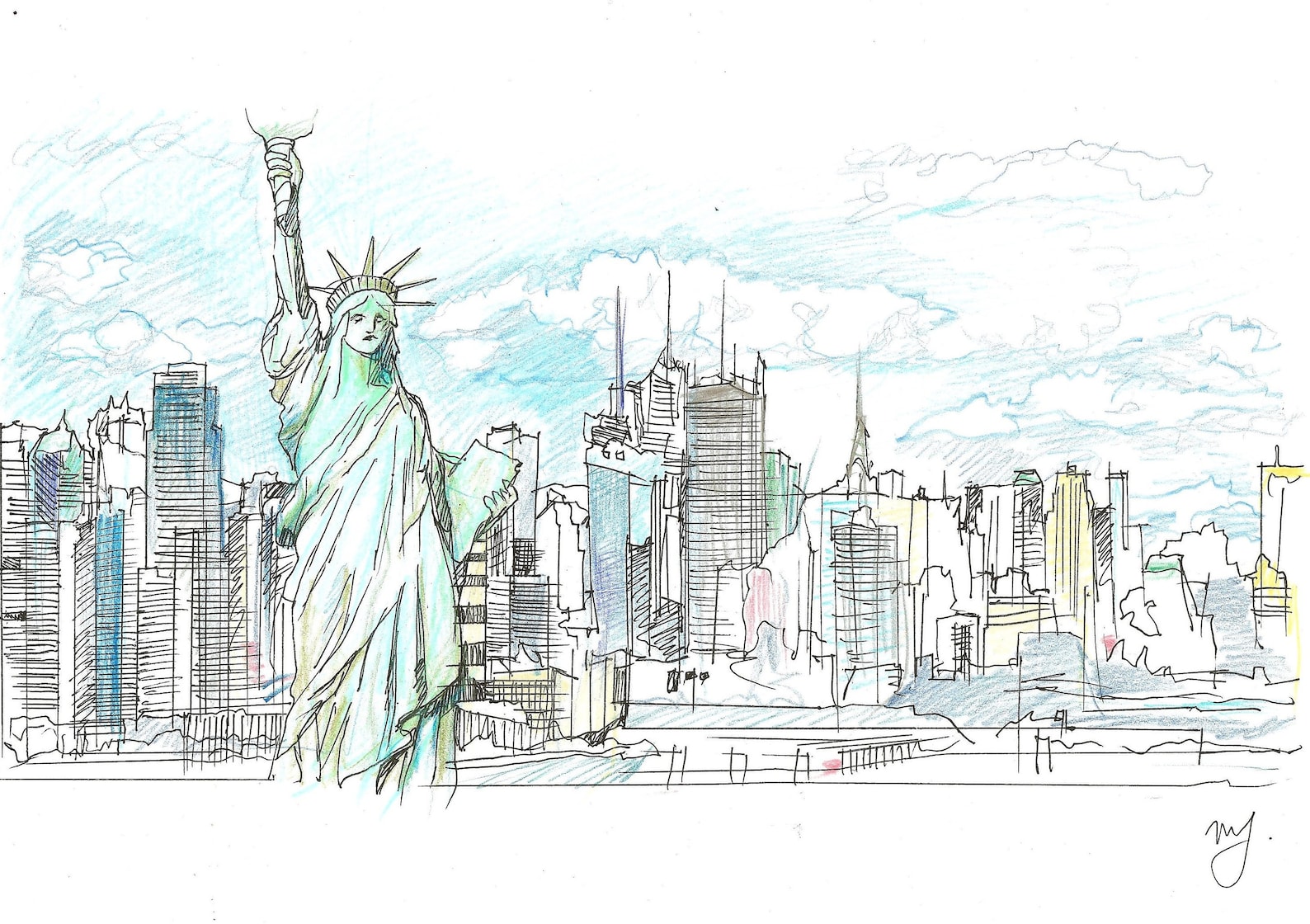 Color Pencil Sketch of New York City, Statue of Liberty on Liberty ...