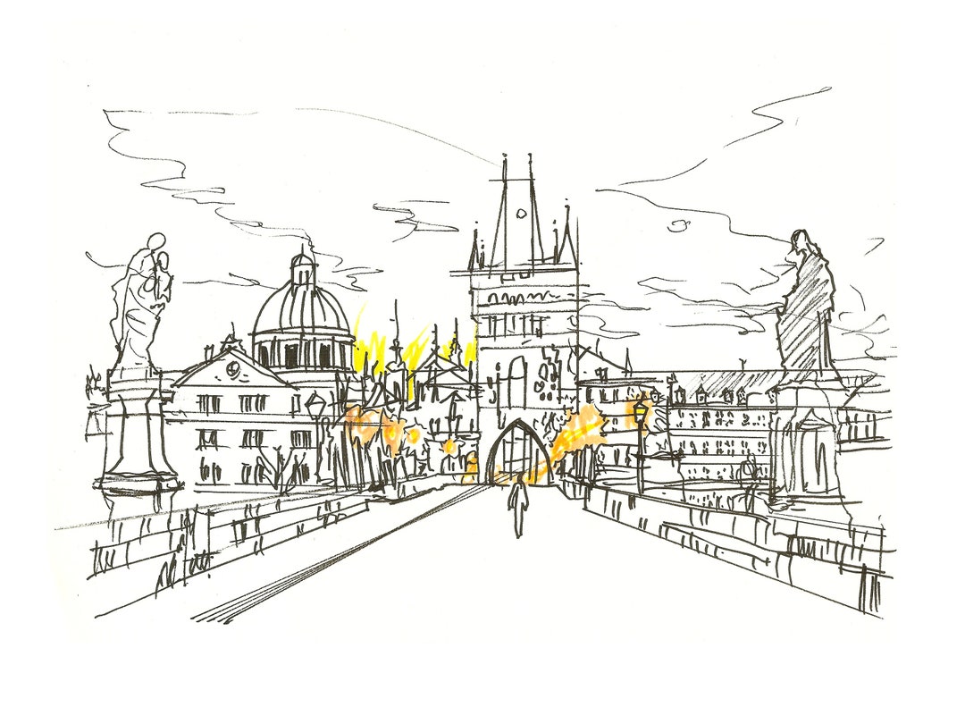 Original Drawing, Bridge in Prague, Czech Republic, Prague Drawing ...