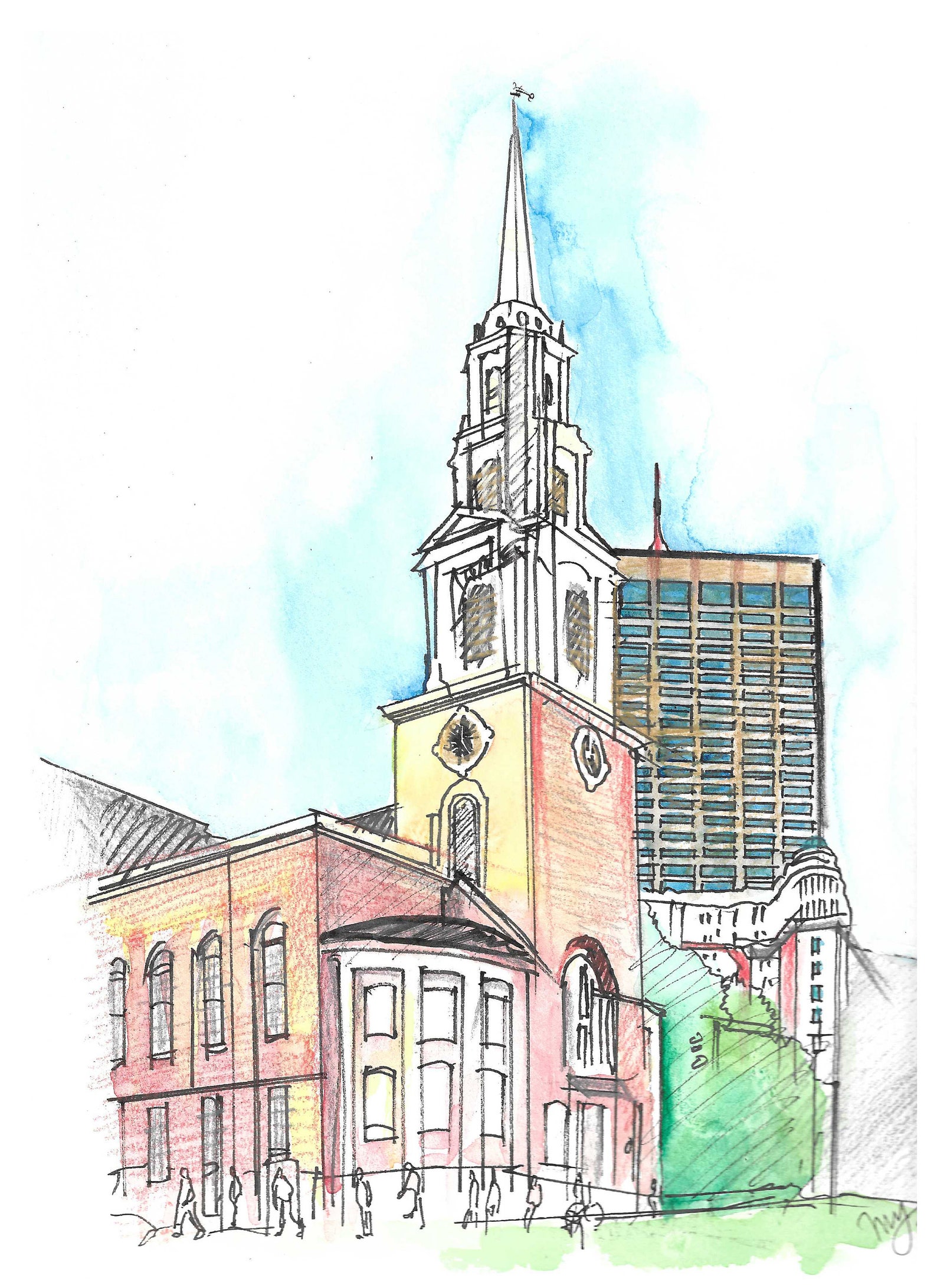 Original Watercolor | Park Street Church | Boston, MA | Boston Commons ...