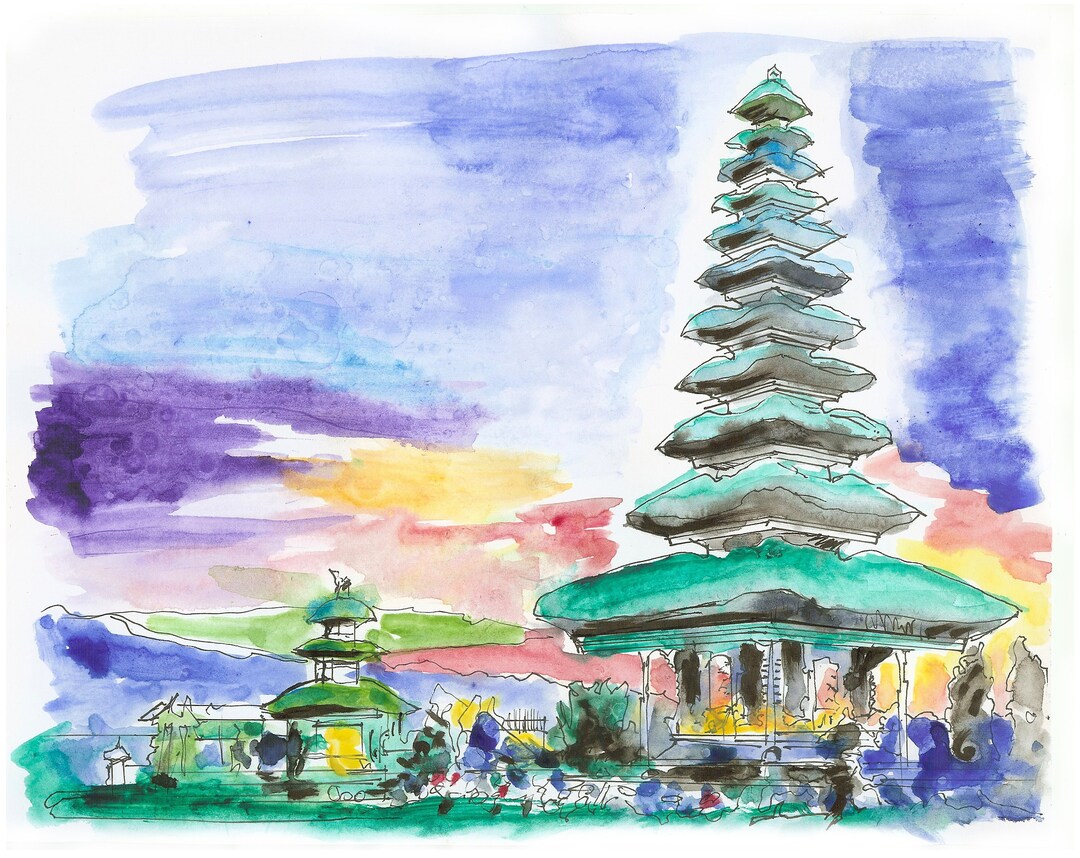 Original Watercolor Drawing | Bali, Indonesia | Ulun Danu Beratan ...