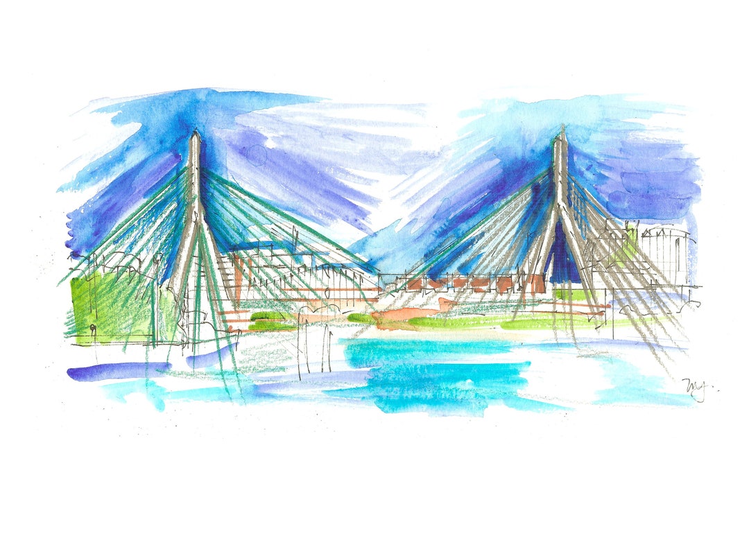 Original Watercolor Print, Boston Sketch, Boston Art, Boston Bridge ...