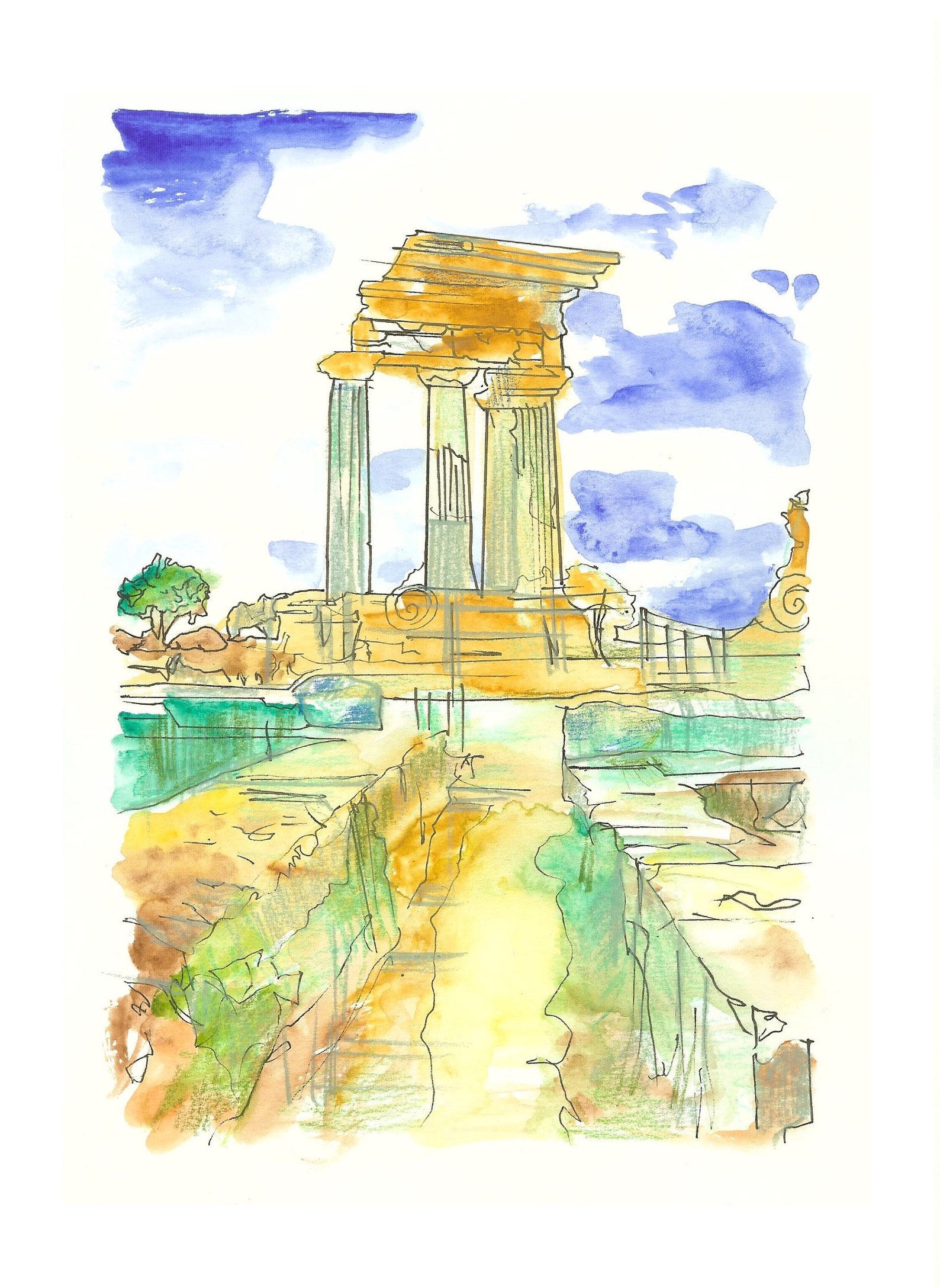 Original Watercolor Drawing Agrigento, Italy Ruins of the Ancient City ...