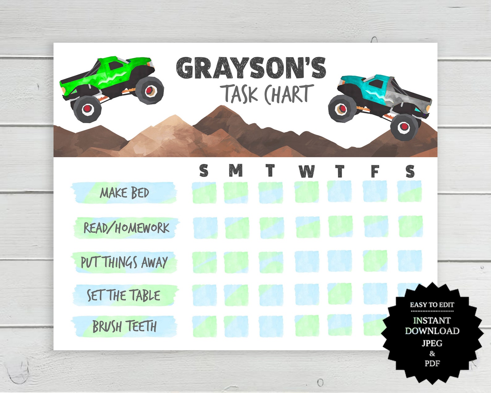 Kid's Chore Chart Monster Truck Chore Chart Kid's | Etsy