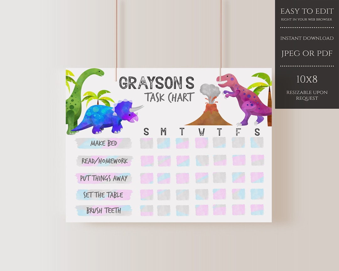 Kid's Chore Chart, Dinosaur Chore Chart, Kid's Reward Chart ...
