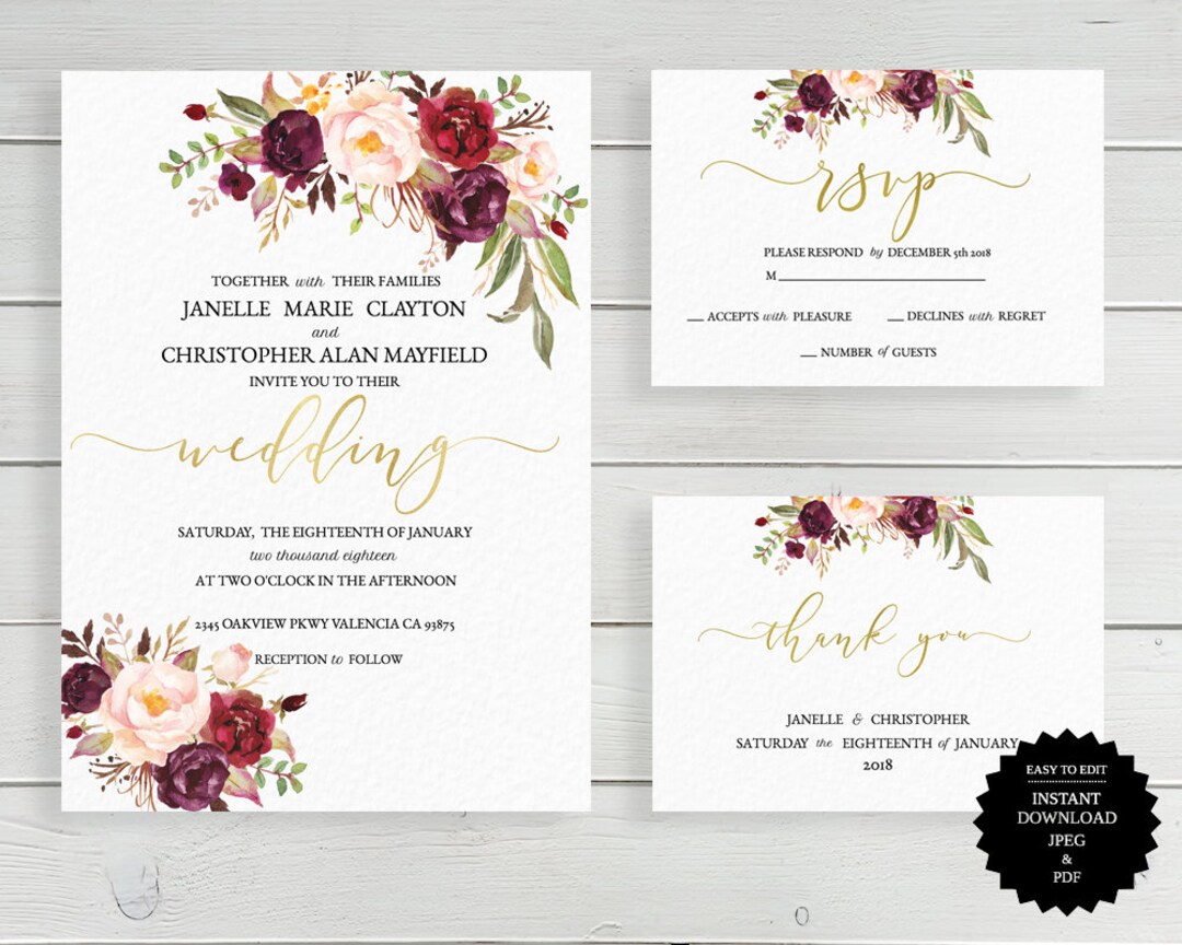 Marsala Wedding Invitation, Instant Download, Burgundy Wedding ...