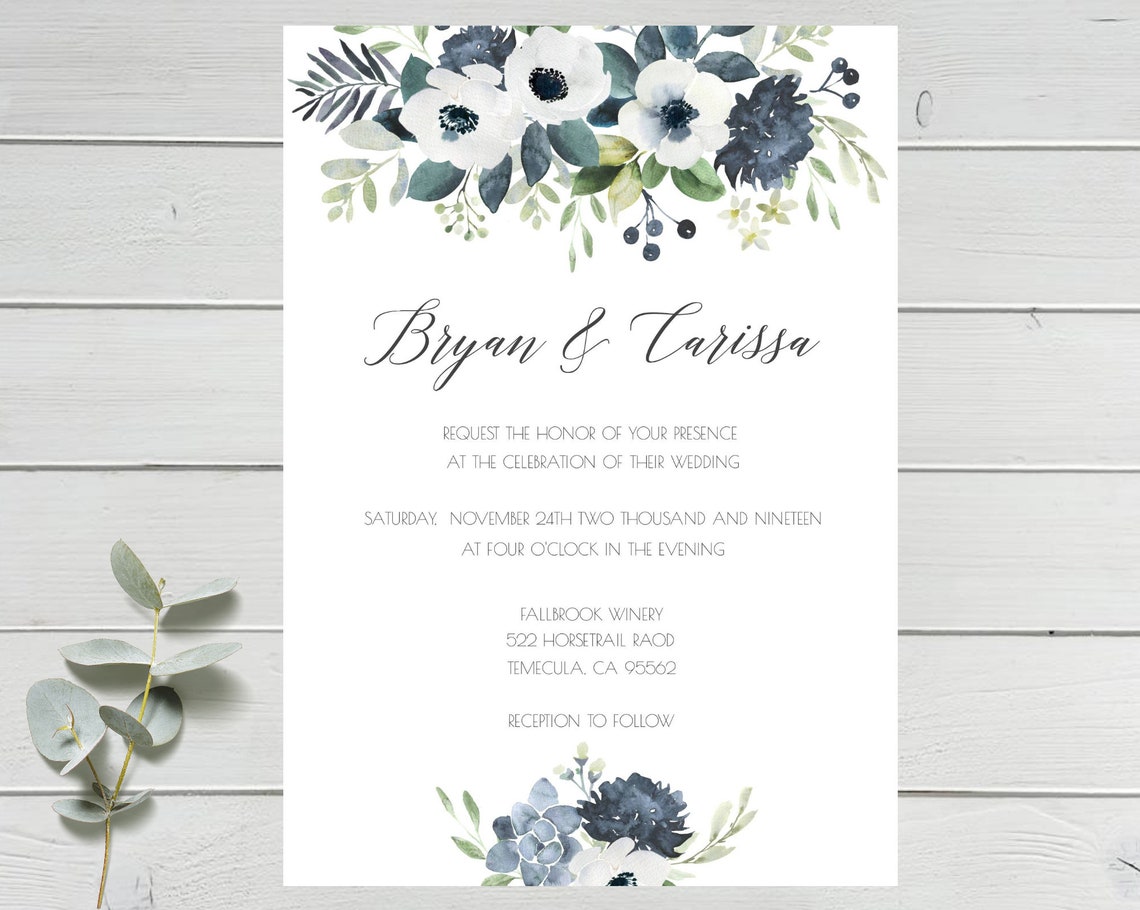 Blue Floral Invitation Templates Blue Floral Wedding | Etsy