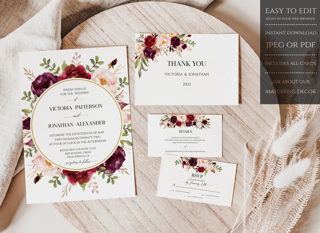Marsala Floral Wedding Invitation, Burgundy Floral Wedding Invitation ...