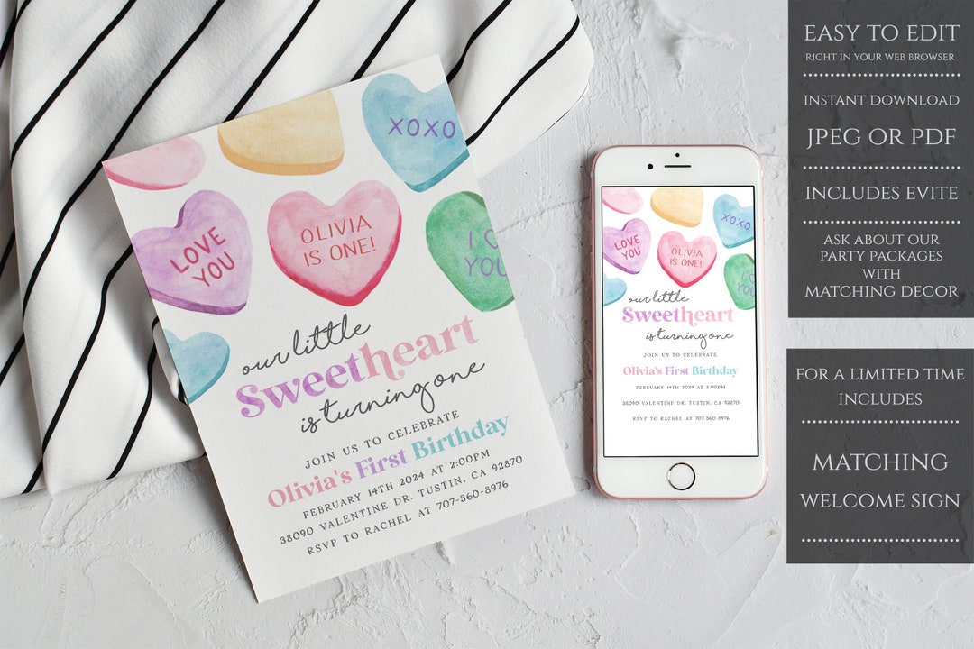 Sweetheart Birthday Invitation Template, Sweet One Birthday Invitation ...