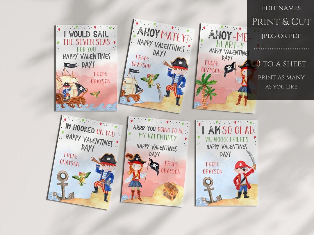 Pirate Valentines Day Card Template, Pirate Classroom Valentines Cards ...