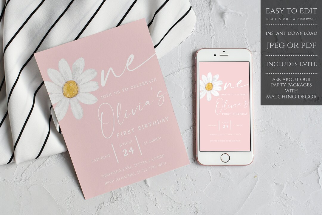Daisy First Birthday Invitation Girl, Daisy One Birthday Invite , Daisy ...