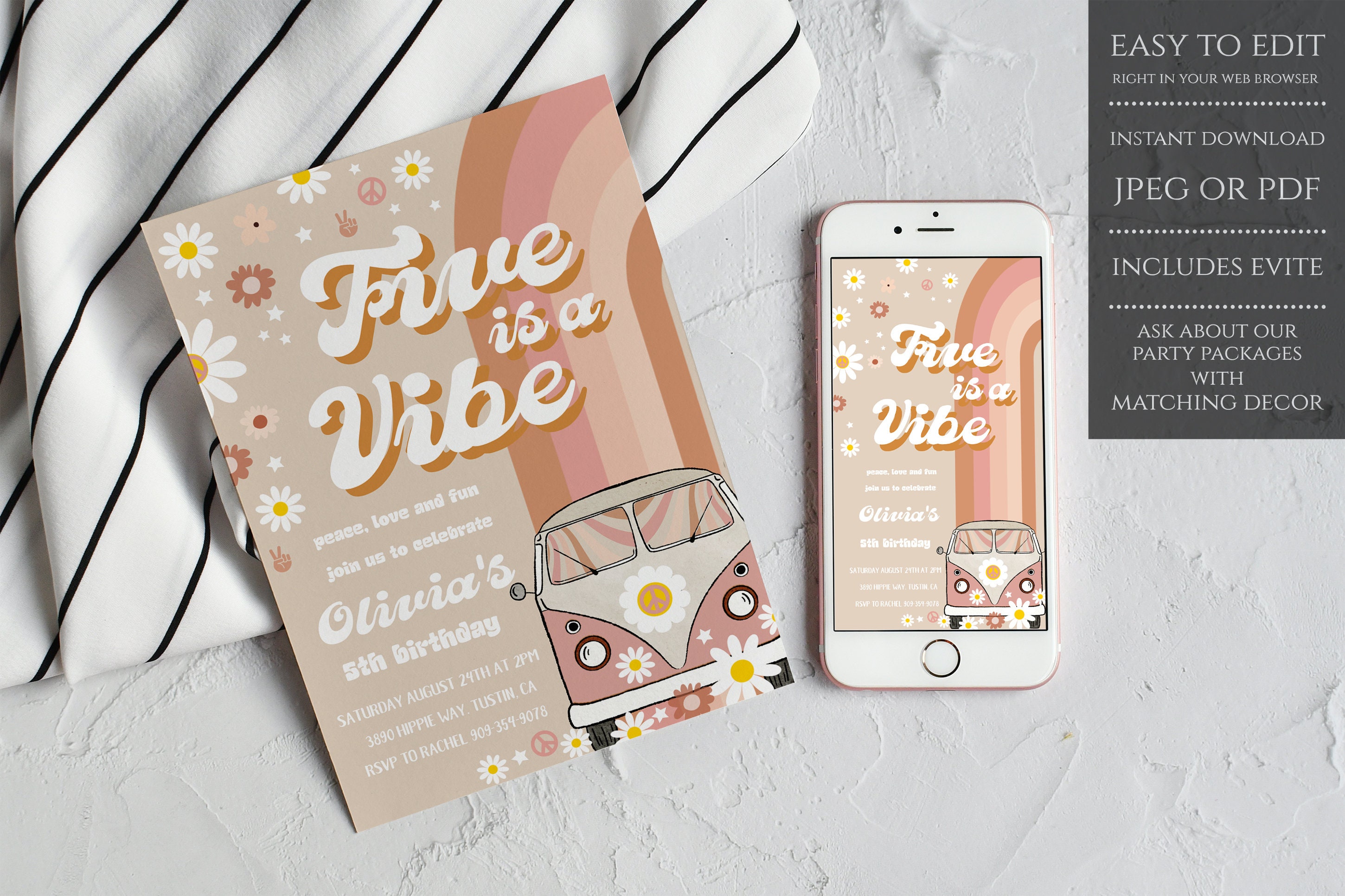 Five is a Vibe Birthday Invite 5th Groovy Birthday - Etsy